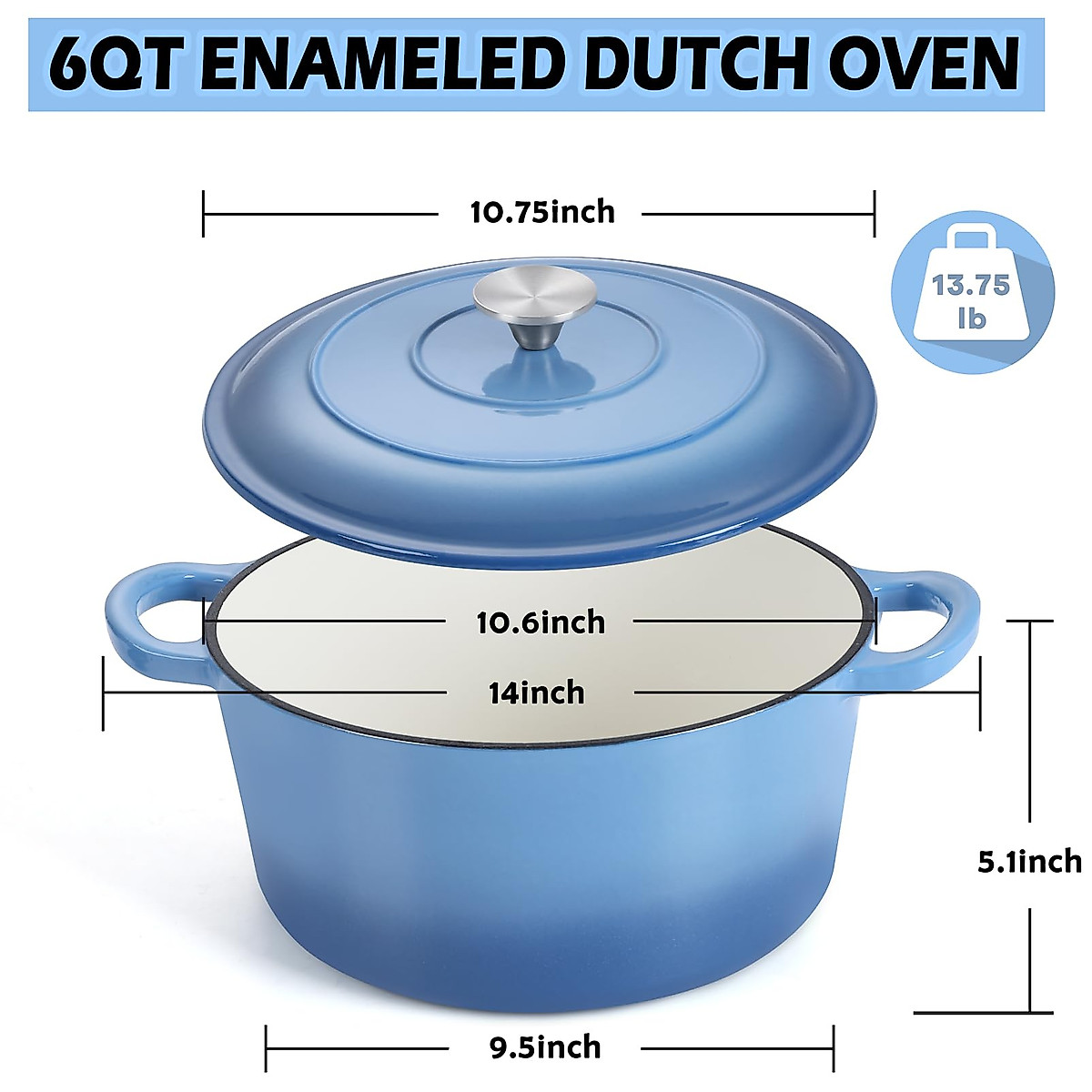 TeamFar 6QT Dutch Oven with Lid, Enameled Nonstick Cast Iron Dutch Oven Cooking Pot for Stewing Baking Braising, Various Stoves & Oven Safe, Toxic Free & Solid, Dual Handles & Easy Cleanup - Blue