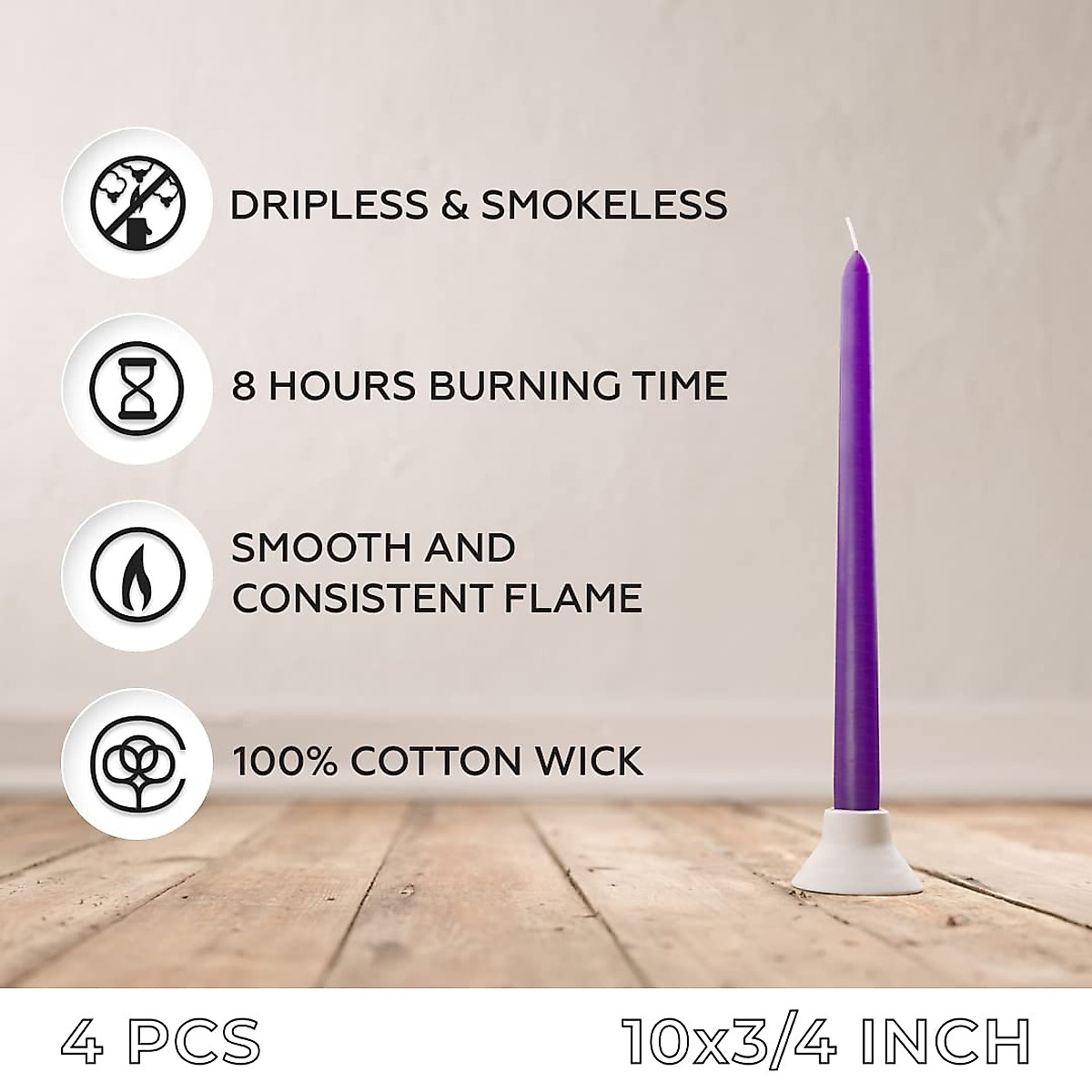 Sonedly 10 inch Taper Candle 4 Pack - Home Interior Long Burning Dripless and Smokeless Candles Unscented - Tapered Candles for Home - 8-Hour Burning Purple Candles
