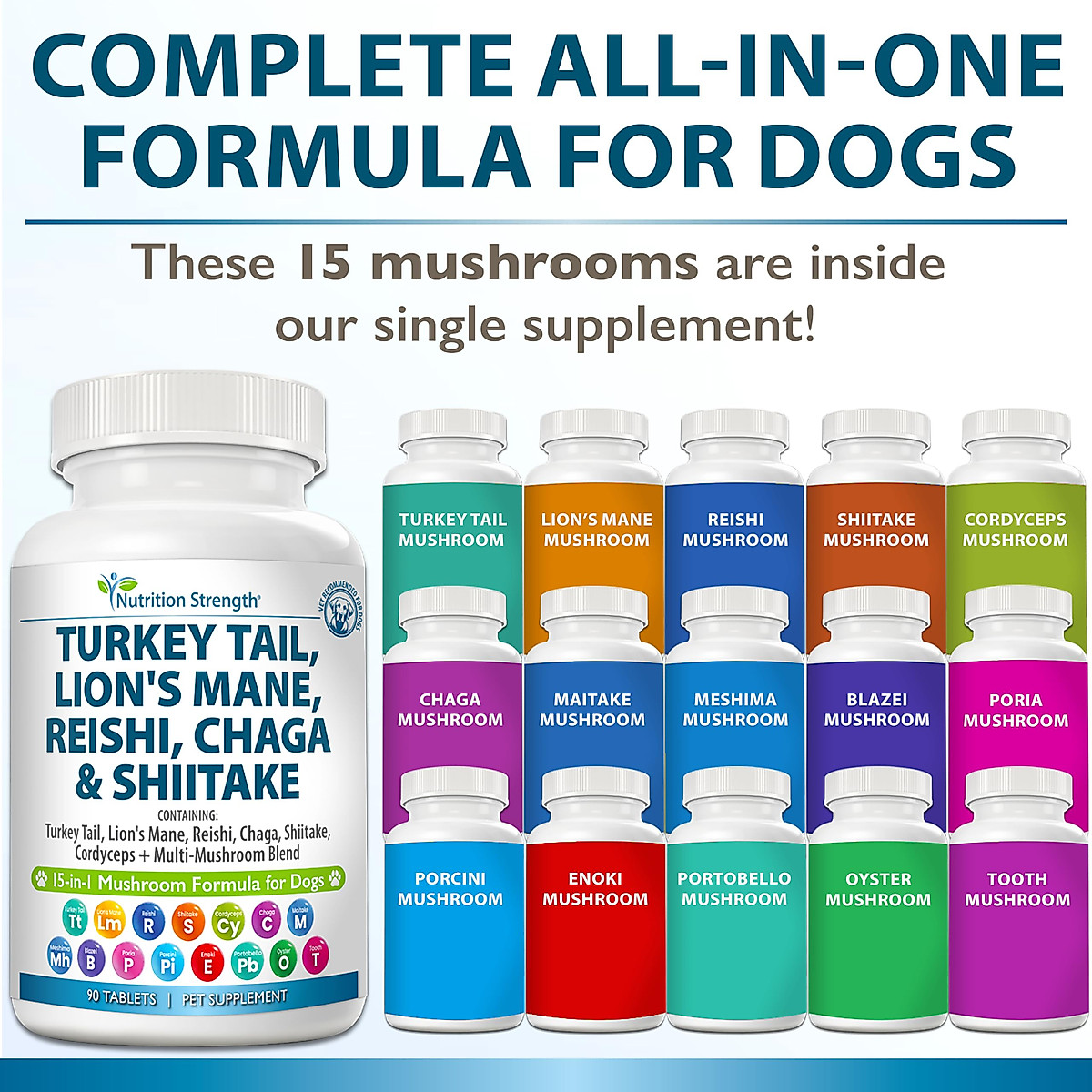 Nutrition Strength 15-in-1 Mushrooms for Dogs Turkey Tail 600mg Lion's Mane 600mg Reishi 600mg Shiitake 500mg Cordyceps 300mg Chaga 300mg Maitake 200mg Meshima Blazei Poria Enoki Portobello 90 Tablets