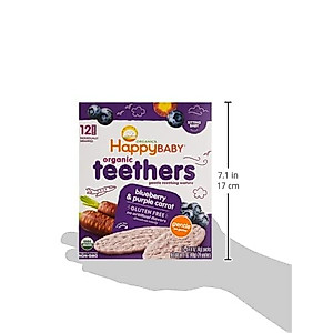 Happy Baby Gentle Teethers Organic Teething Wafers Blueberry Purple Carrot, 0.14 Ounce Packets (Box of 12) Soothing Rice Cookies for Teething Babies Dissolves Easily, Gluten Free No Artificial Flavor