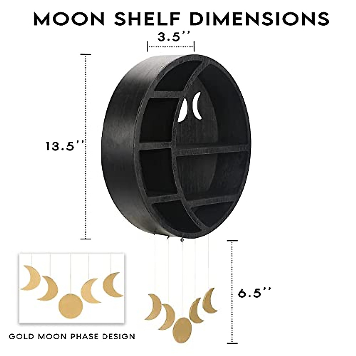 Ella & Emma Wooden Moon Shelf for Crystals - Crescent Moon Crystal Shelf, Crystal Storage & Wall Hanging Shelves for Bedroom Aesthetic, Moon Phase Wall Decor & Crystal Display Shelf, Pinewood, Black