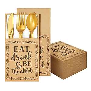 Thanksgiving Dinner Party Utensil Holder Pockets, Eat Drink & Be Thankful (36 Pack)