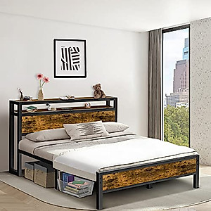 Codesfir Full Size Bed Frame Industrial Platform Bed with Charging Station 2-Tier Storage Headboard and Strong Support Legs, Noise-Free, No Box Spring Needed, Vintage Brown