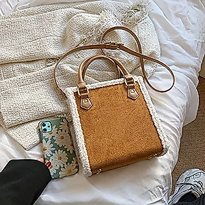 Mudono Handbags for Women Small Suede Tote Bag Square Crossbody Shoulder Purse with Faux Shearling Trim and Detachable Strap