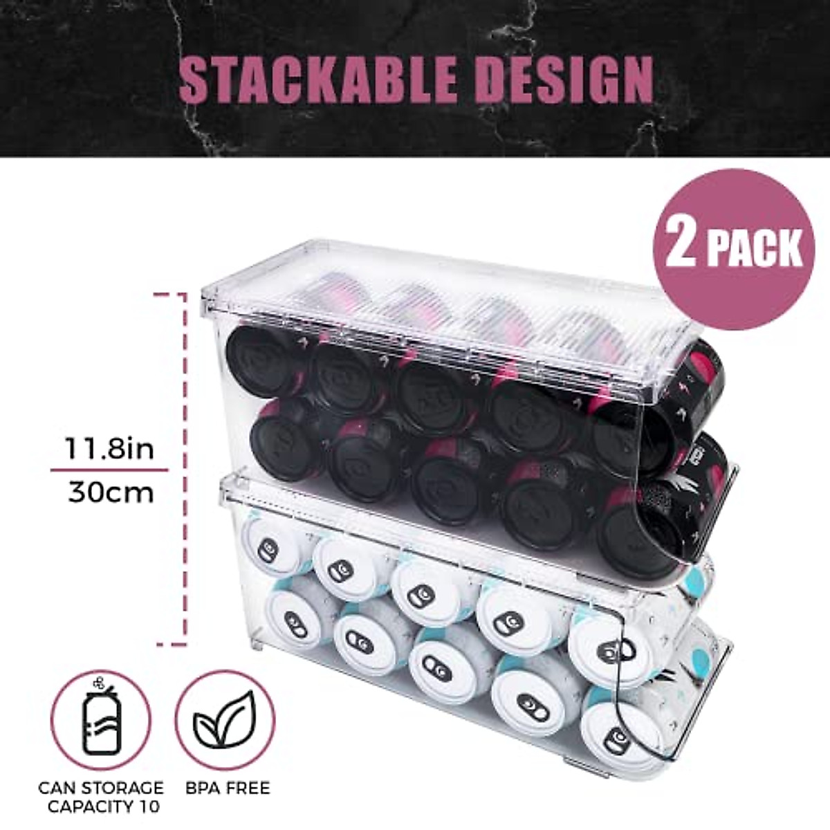 SCAVATA 2 Pack Soda Can Organizer for Refrigerator, Stackable Canned Food Pop Cans Container Can Holder Dispenser with Lid for Fridge Pantry Rack Freezer, Clear Plastic Storage Bins-Holds 10 Cans Each