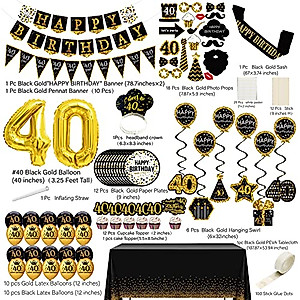 40th birthday decorations for men women - (76pack) black gold party Banner, Pennant, Hanging Swirl, birthday balloons, Tablecloths, cupcake Topper, Crown, plates, Photo Props, Birthday Sash for gifts