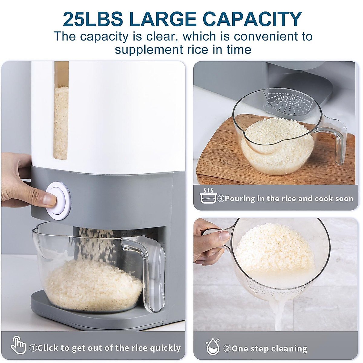Rubtlamp 25 Lbs Gray Rice Dispenser, Rice Container with Lid, Rice Storage Container with Measuring Cup, Food Dispenser Rice Container, Storage Container for Cereal, Household Rice Bucket