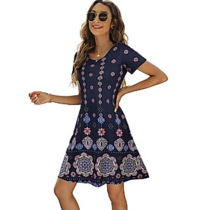 Sherosa Women's Easter Dresses Floral Sun Dresses Summer Casual with Pockets Loose Cotton Dresses(L,Navy Blue Floral)