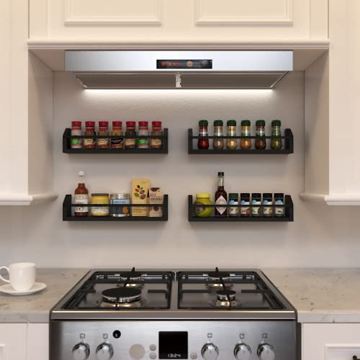 WOPITUES Floating Shelves with Protective Metal Rail, Small Bathroom Shelves Set of 4, Spice Rack Wall Mount, Wood Shelves for Kitchen, Living Room, Bedroom, Nursery Book- Modern Black