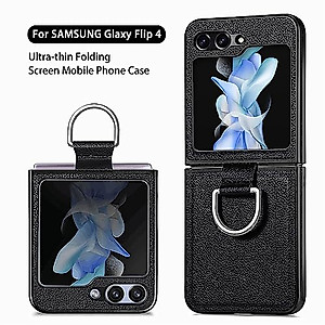 phone flip case Case Compatible with Samsung Galaxy Z Flip 5 Case with Ring ,Galaxy Z Flip 5 2023 Premium PU Leather Protective Phone Case Cover ,Slim Thin Protection Wireless Charging Shockproof Case