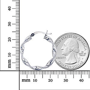 Sterling Silver Diamond Cut Edge Polished Twist Hoop Earrings for Women | 3x25mm Round Hoop Earrings | Secure Snap Bar Closure | 14k Shiny Classic Earrings