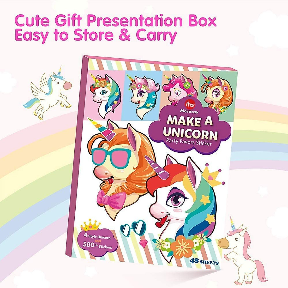 Mocoosy 48PCS Unicorn Stickers for Girls Age 4-6, Unicorn Party Favors Art Crafts for Toddlers 3-5, Make Your Own Face Stickers Birthday Game Activities, Goodie Bag Stuffers Kids Valentine's Day Gifts