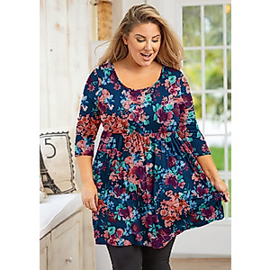 AusLook Plus Size Tunic Tops for Women 3/4 Sleeve Colorful Roses 2X Blouses Crewneck Clothes Pleated Clothing Flowy Babydoll Summer Fall Winter Maternity Shirts