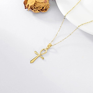 WSX Solid 14k Yellow Gold Egyptian Ankh Cross Pendant Necklace for Women Polished Egypt Jewelry Religious Charm Gift for Her