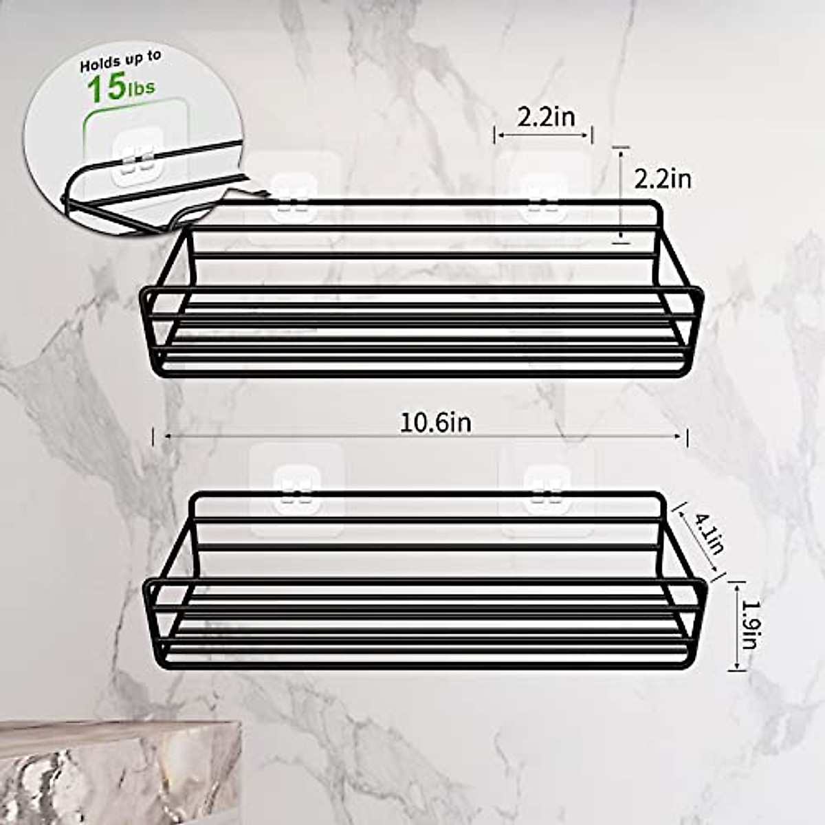 Go Green Tableware GOGN Adhesive Shower Caddy Shelf with 4 Hooks, No Drilling Bathroom Organizer Storage Rack for Restroom, Kitchen- 2 Pack (Black)