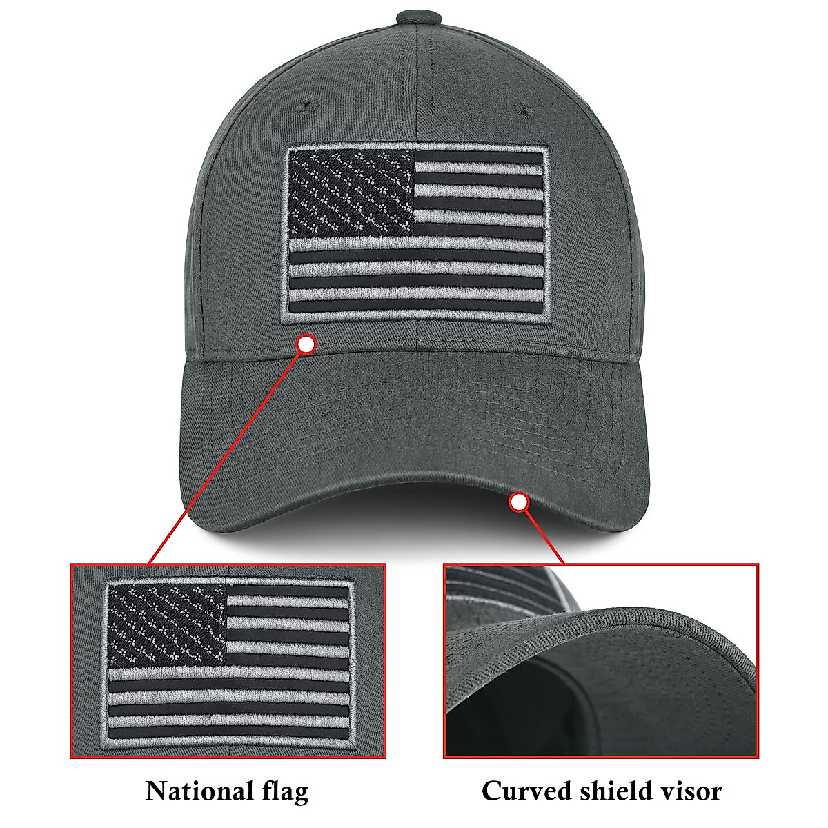 KIRAAT 3 Pack American Flag Baseball Cap Unisex,Low Profile USA Plain Dad Hat for Men＆Women (Black＆Grey＆Khaki)