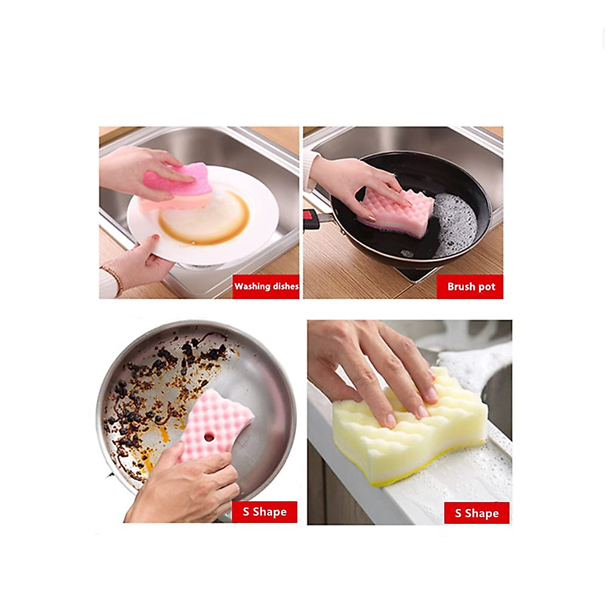 Yellow Pink Colors Multi-Functional Sponges Non-Scratch Scrub Sponges Household Kitchen Cleaning Sponges Durable Scouring Pads,Pack of 4