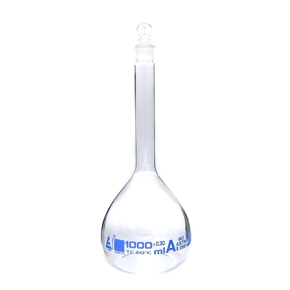 EISCO Volumetric Flask, 1000ml - Class A, ASTM - Tolerance ±0.300 ml - Glass Stopper - Single, Blue Graduation