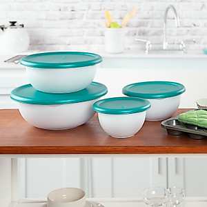 Sterilite 8-Piece Covered Bowl Set, 4 Plastic Bowls Ranging in Size w/ 4 Lids, Food Storage, Dishwasher and Microwave Safe, White and Teal lid, 6-Pack