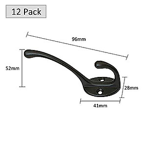 Miukada 12 Pack Dual Coat Hook, Heavy Duty Wall Mounted Hooks, Rustic Double Hooks for Coat, Scarf, Bag, Towel, Key, Cap, Cup, Hat(Black Color, Screws Included)
