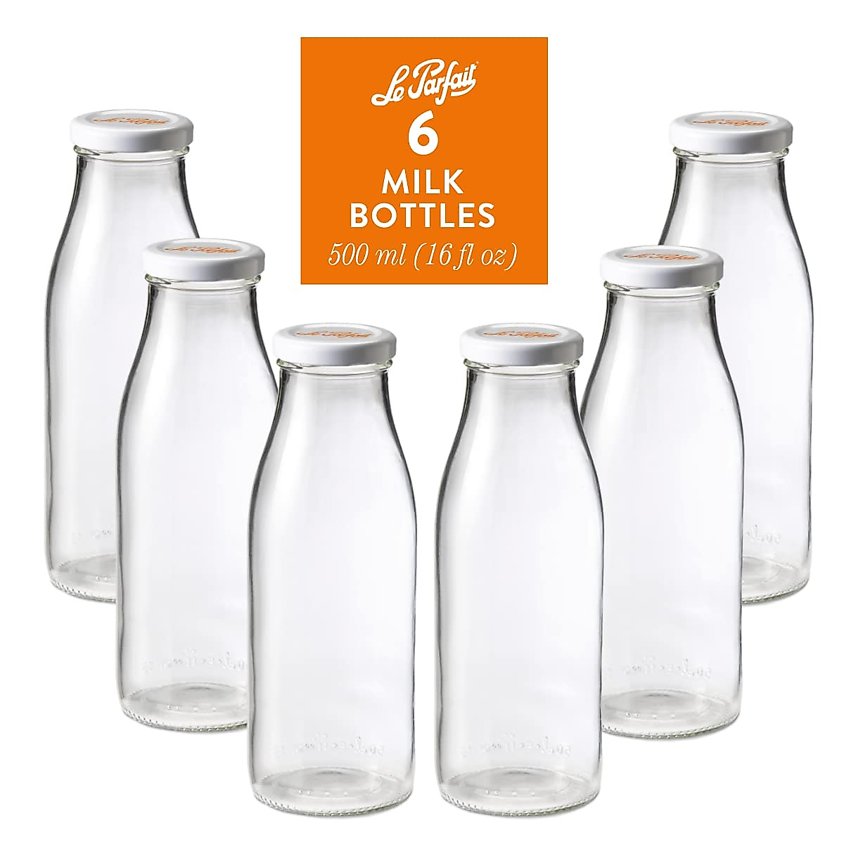 Le Parfait Bottles French Glass Milk Bottle with 48mm Printed Logo Airtight Metal Twist Cap | Used for Smoothie, Water Bottle, Preserved Tomato Sauce & other Soups | 16oz (Pack of 6) 500ml