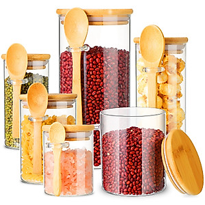Hushee 6 Pieces of Glass Storage Jars, Clear Glass Food Storage Containers with Airtight Bamboo Lid and Spoon Glass Jars for Candy,Cookie,Rice,Sugar,Flour,Pasta,Nuts and Spice Jars