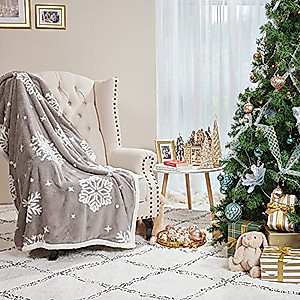 WBHome Christmas Sherpa Throw Blanket | | Soft, Warm, Cozy, Fuzzy Flannel Fleece Holiday Blanket for Bed Couch Sofa, 50x60 inch, (Grey & White Snowflake)