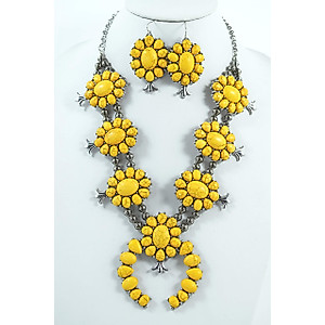 tipi Southwestern Faux Turquoise Squash Blossom Statement Necklace & Earrings Set (Yellow)