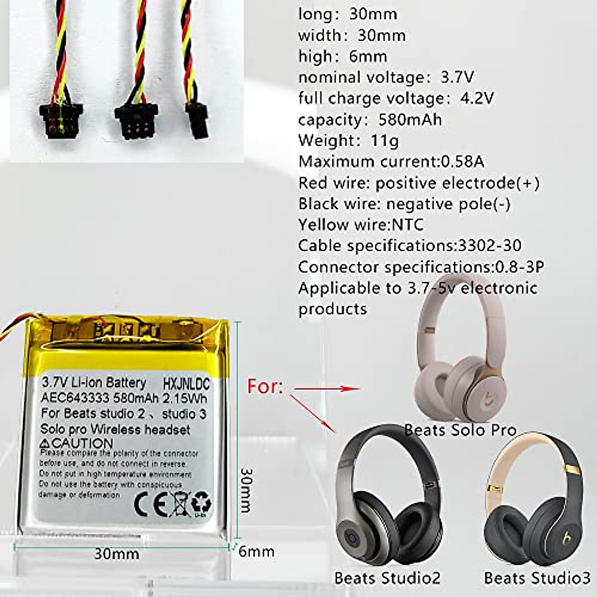 DC 3.7V 580mAh AEC643333 Rechargeable li-ion Polymer Battery for Beats Studio 2、Studio 3、Solo pro Wireless Headset Headphones Battery Replacement