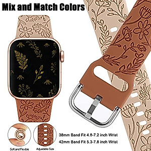 2 Pack Flower Engraved Sport Strap Compatible with Apple Watch Bands 38mm 40mm 41mm, Women Floral Laser Soft Silicone Wristband Replacement iWatch Series 8 7 6 5 4 3 2 1 SE (Walnut Brown Brown, 38/40/41mm)