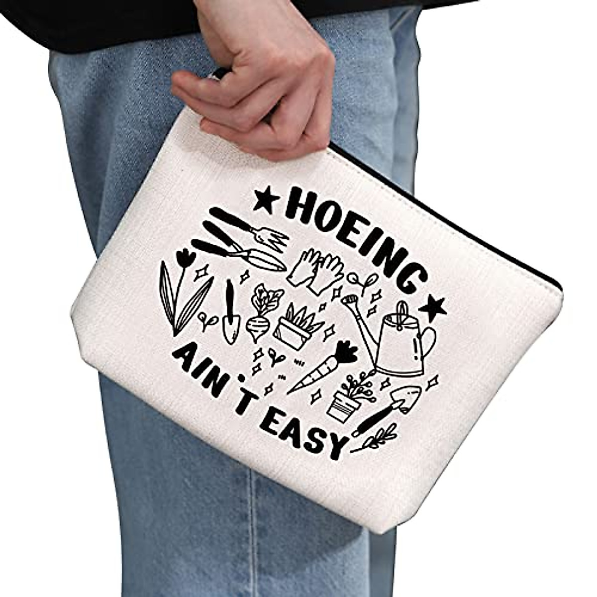 Gardener Gift Garden Lover Gift Hoeing Ain’t Easy Cosmetic Bag Gardening Travel Make Up Pouch with Garden Quote Gift For Plant Lover (Hoeing Aint Easy White Bag)