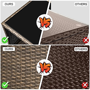 Kinsunny Outdoor Bistro Table PE Wicker Rattan Side Table Square End Table with Glass Top for Backyard Lawn Balcony, Brown