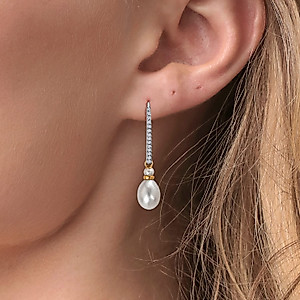 Gem Stone King 925 Sterling Silver and 10K Yellow Gold 9X7MM Cultured Freshwater Pearl and White Lab Grown Diamond Dangling Earrings with Leverback For Women