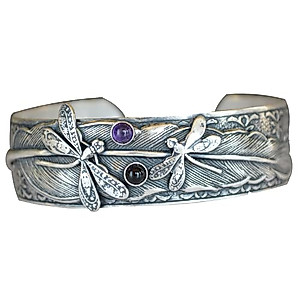 Elaine Coyne Collectible Artwear Mirror Antique Silver Dragonflies on Feather Cuff - Amethyst, Black Onyx