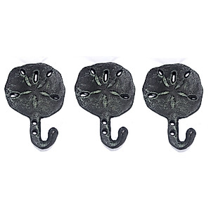 Sand Dollar Shell Wall Hangers Cast Iron Antique Brown - Set of 3 for Coats, Aprons, Hats, Towels, Pot Holders, More