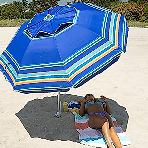 AMMSUN 7ft Heavy Duty High Wind Beach Umbrella Parasols with sand anchor & Tilt Sun Shelter, UV 50+ Protection Outdoor Sunshade Umbrella with Carry Bag for Patio Garden Beach Pool Backyard Stripe Blue