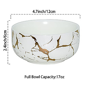 LUCCK Ceramic Cereal Bowl Marble Soup Bowl 17 OZ Ceramic Rice Bowl Luxury Gold Inlay Dessert Bowl Microwave and Dishwasher Safe for Oatmeal Snack (White)