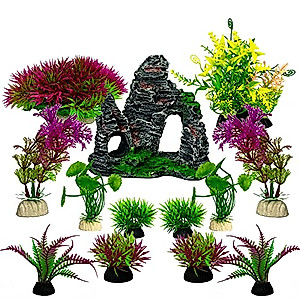 Aquarium Decorations Plants Set with Rockery View - 13 Pack Aquarium Decor Plants and Rock Cave Hideout Ornaments, Fish Tank Decorations, Fish Tank Plants Plastic Decoration for Aquariums