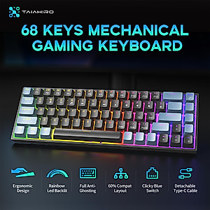 60% Percent Mechanical Gaming Keyboard, RGB Backlit 68 Keys Ultra-Compact Wired Keyboard with Detachable Type-C Cable, Full Anti-Ghost, Blue Switch Portable Mini Keyboard for Windows PC Mac Xbox Gamer
