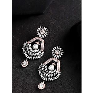 Priyaasi Dual-Toned Pearl American Diamond Earrings for Women | Fashionable Floral Drop Design | Brass Metal | Pushback Closure | Silver Prom Earrings for Women - Party & Wedding