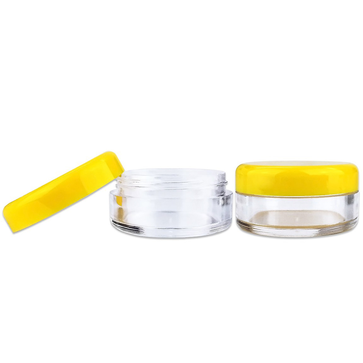 50 New Empty 5 Grams Acrylic Clear Round Jars - BPA Free Containers for Cosmetic, Lotion, Cream, Makeup, Bead, Eye shadow, Rhinestone, Samples, Pot, Small Accessories 5g/5ml (YELLOW LID)