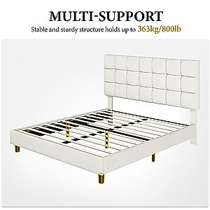 Yaheetech Queen Upholstered Bed Frame, Platform Bed Frame with Square Tufted Fabric Headboard Height Adjustable, Wooden Slats Support, No Box Spring Needed, Beige