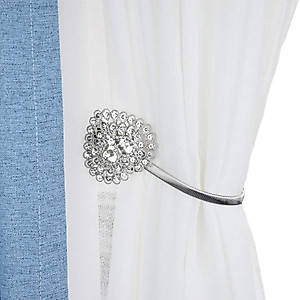 2PCS Magnetic Curtain Tiebacks Crystal Heart Shape Window Curtain Holdbacks Buckles Tie Backs Holders with Stretchable Wire Rope for Home and Office Decoration,Silver