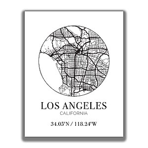 Los Angeles CA City Street Map Wall Art - 11x14 UNFRAMED Modern Abstract Black & White Aerial View Decor Print with Coordinates. Makes a great LA California-Themed Gift.