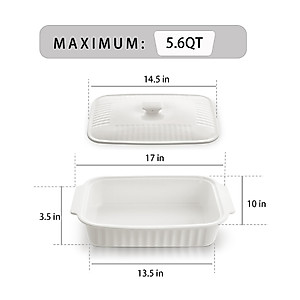 Casserole Dish with Lid, 5.6 Quart Covered Casserole Dish Cookware, 9x13.5 Deep Baking Dish for Oven,Lasagna Pan Ceramic Bakeware for Baking, Easy to Clean, White
