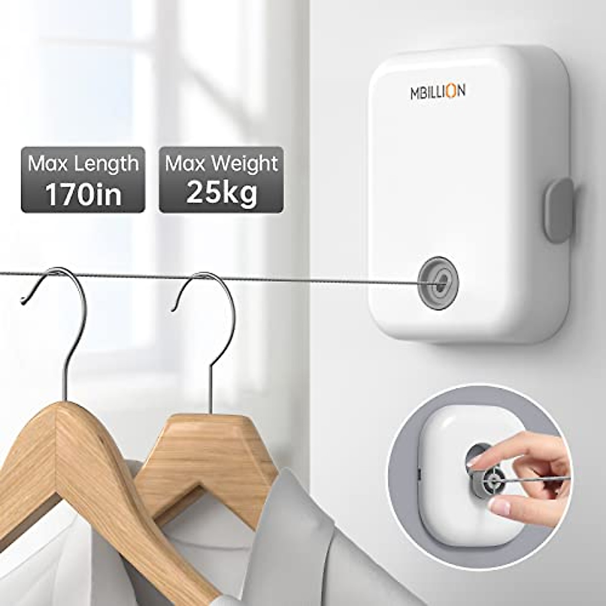 Mbillion Retractable Clothesline Indoor Outdoor,Heavy Duty Clothes Drying Laundry Line Retracting Hanging Clothes Line with Lock to Prevent Sagging White