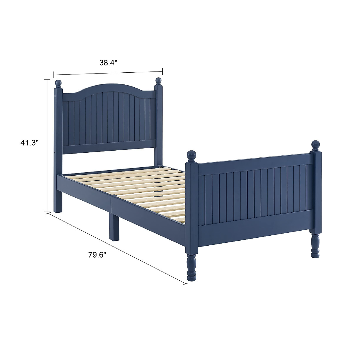 MUSEHOMEINC Wooden Twin Bed Frame with Headboard & Footboard Designed with Classic Ball finials, Beadboard Paneling and Lathe-Turned feet，No Box Spring Needed (Blue)