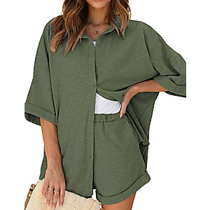 Ekouaer Waffle Knit Lounge Sets for Women Short Sleeve Pajamas Button Down Pjs Oversized Loungewear Shorts Set