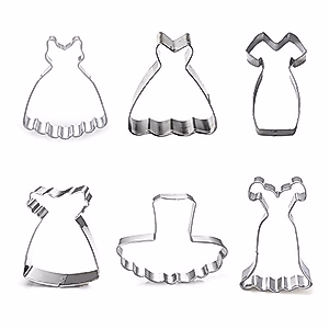 Dress Cookie Cutter Set- Set of 6 -Include Braces Skirt, Wedding Dress, Black Dress, Little Girl Dress, Tutu and Princess Dress - Stainless Steel