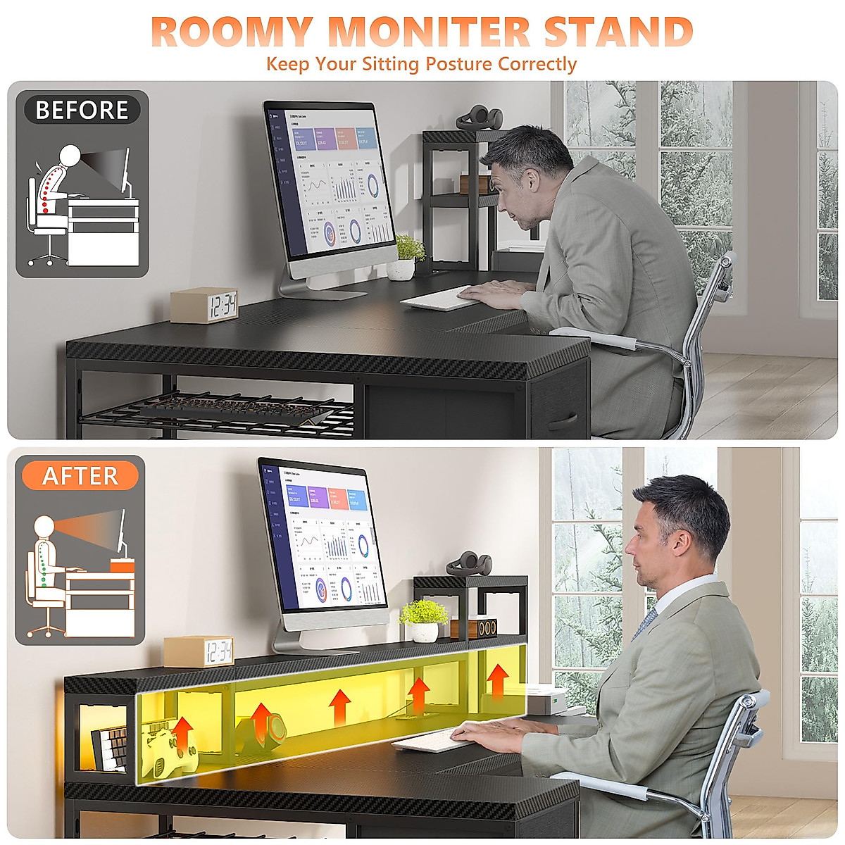 EnHomee 70.9" L Shaped Gaming Desk with Drawers Reversible L Shaped Computer Desk with Power Outlet & LED Lights Home Office Desk with Storage Shelves and Monitor Stand Corner Desk, Black Carbon Fiber